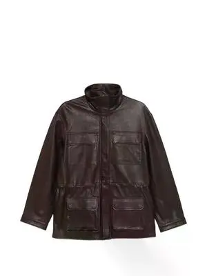 Sandro Oversized Leather Jacket With Stand-up Collar - Brown