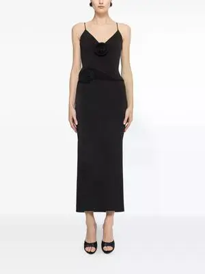 NISSA Floral Appliqué Midi Dress - Black