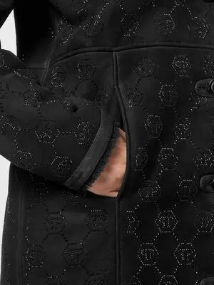 Philipp Plein Single-breasted Shearling Coat With Rhinestone Hexagon Logo - Black