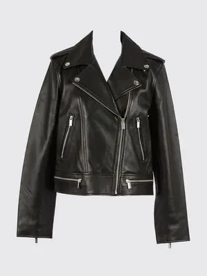 TWINSET Leather Biker Jacket With Asymmetrical Zip And Shoulder Epaulettes