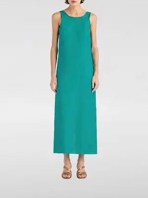 Momoni A-line Linen Midi Dress With Off-the-shoulder Design And Back Slit - Emerald