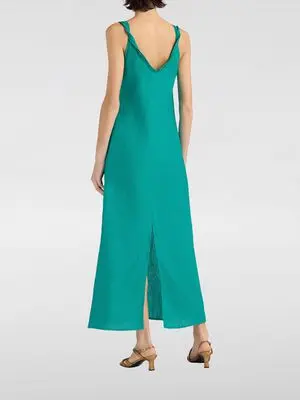 Momoni A-line Linen Midi Dress With Off-the-shoulder Design And Back Slit - Emerald