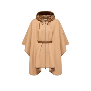 Moncler Padded Wool Blend Cape With Hood And Belt - Beige