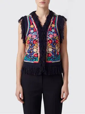 Antik Batik Embroidered Waistcoat With Fringe Detail - Blue