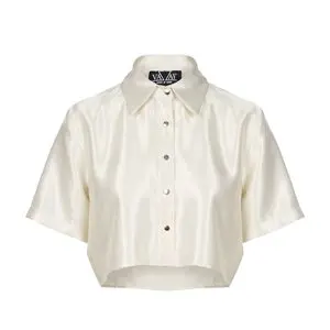 VAZAF Full Moon Print Satin Cropped Shirt - White
