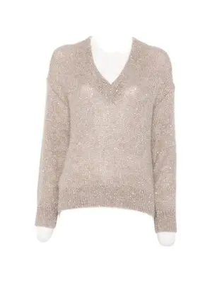 Brunello Cucinelli V-neck Sequin Embellished Wool Blend Sweater