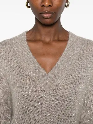 Brunello Cucinelli V-neck Sequin Embellished Wool Blend Sweater