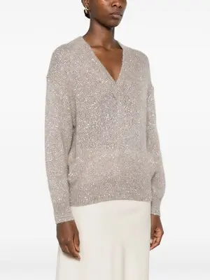 Brunello Cucinelli V-neck Sequin Embellished Wool Blend Sweater