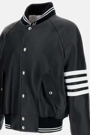 Thom Browne Oversized Leather Bomber Jacket With 4-bar Stripe Detail
