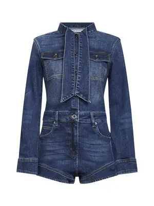 SELF-PORTRAIT Blue Stretch Denim Ruffle Playsuit - Multicolor