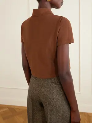 Saint Laurent Cassandre Embroidered Cropped Cotton-piqué Polo Shirt - Brown