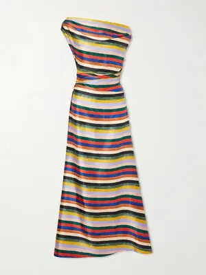 Staud STAUD Phare One-Shoulder Draped Striped Silk-Blend Satin Maxi Dress Multi