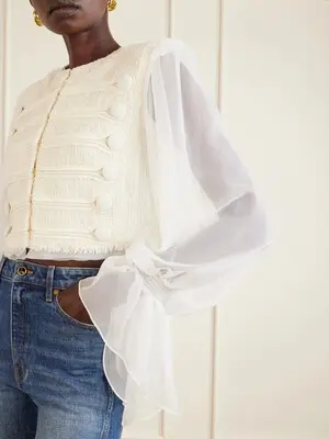 Balmain Brandebourg Tweed Blouse With Sheer Sleeves