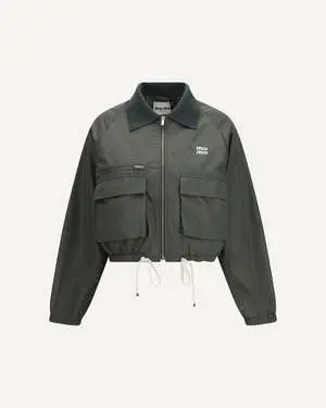 Miu Miu Technical Fabric Jacket With Knit Collar And Leather Details