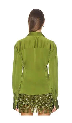 Cult Gaia Silk Button-down Shirt With Front Tie Detail - Deep Pasture