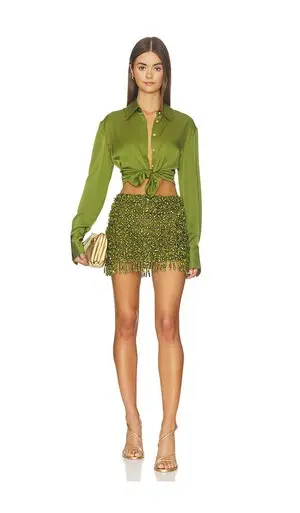 Cult Gaia Silk Button-down Shirt With Front Tie Detail - Deep Pasture