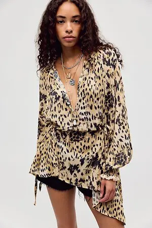 SPELL Animal Print Drawstring Waist Blouse