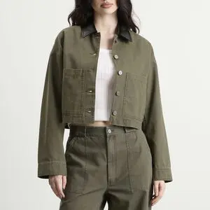 ANINE BING Yuma Cropped Cotton Jacket With Leather Point Collar