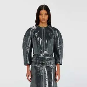 DIESEL® Patent Leather Cropped Jacket With Cocoon Sleeves - Grey