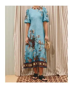 ALEMAIS Puff Sleeve Printed Midi Dress