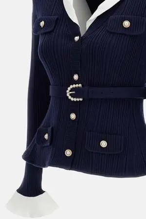 SELF-PORTRAIT Ribbed Knit Cardigan With Pearl Embellished Belt - Multicolor