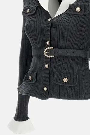 SELF-PORTRAIT Ribbed Knit Cardigan With Pearl Embellished Belt - Multicolor