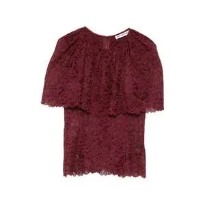 SELF-PORTRAIT Burgundy Floral Lace Ruffled Overlay Top - Red