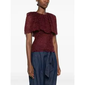 SELF-PORTRAIT Burgundy Floral Lace Ruffled Overlay Top - Red