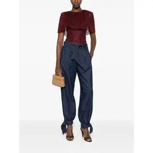 SELF-PORTRAIT Burgundy Floral Lace Ruffled Overlay Top - Red