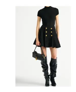 Balmain Flared Tweed Mini Skirt With Lion Head Buttons - Black