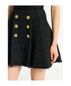 Balmain Flared Tweed Mini Skirt With Lion Head Buttons - Black