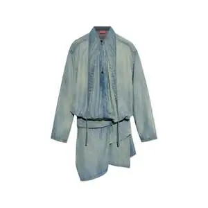 DIESEL® Washed-denim Draped Asymmetrical Hem Dress With Embroidered Logo - Blue
