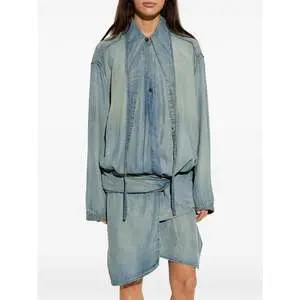 DIESEL® Washed-denim Draped Asymmetrical Hem Dress With Embroidered Logo