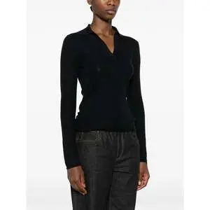 Max Mara Black Ribbed Knit Polo Shirt With V-neck - Multicolor