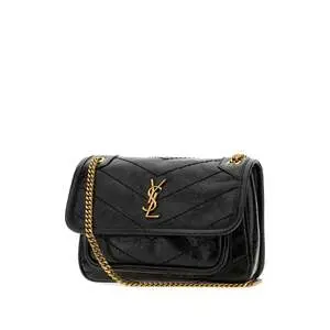 Saint Laurent Crinkled Leather Chevron Quilted Shoulder Bag - Black