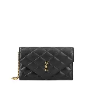 Saint Laurent Crinkled Leather Chevron Quilted Shoulder Bag - Black