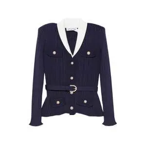 SELF-PORTRAIT Ribbed Knit Contrasting Collar V-neck Cardigan With Pearl Embellishments - Blue