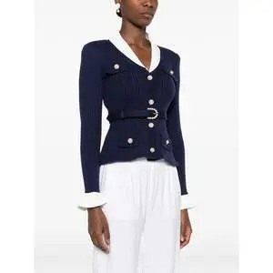 SELF-PORTRAIT Ribbed Knit Contrasting Collar V-neck Cardigan With Pearl Embellishments - Blue