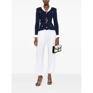 SELF-PORTRAIT Ribbed Knit Contrasting Collar V-neck Cardigan With Pearl Embellishments - Blue