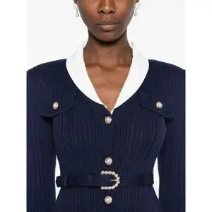 SELF-PORTRAIT Ribbed Knit Contrasting Collar V-neck Cardigan With Pearl Embellishments - Blue