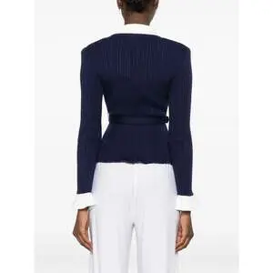 SELF-PORTRAIT Ribbed Knit Contrasting Collar V-neck Cardigan With Pearl Embellishments - Blue
