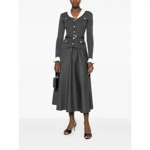 SELF-PORTRAIT Grey Ribbed-knit V-neck Day Dress With Faux-pearl Embellishments