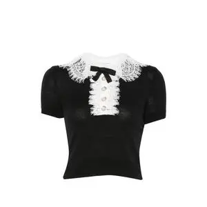 SELF-PORTRAIT Cropped Knit Polo Top With Lace Collar And Embellished Buttons - Gray