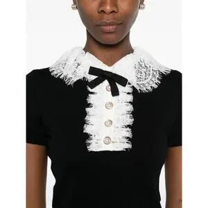 SELF-PORTRAIT Cropped Knit Polo Top With Lace Collar And Embellished Buttons - Gray