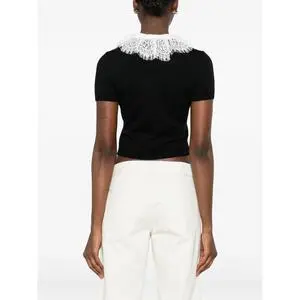SELF-PORTRAIT Cropped Knit Polo Top With Lace Collar And Embellished Buttons - Gray