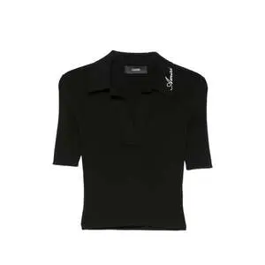 Amiri Ribbed Knit Short Sleeve Polo Top With Logo Embroidery - Black