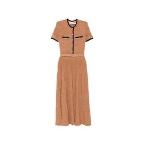 SELF-PORTRAIT Pointelle-knit Belted Midi Dress - Brown