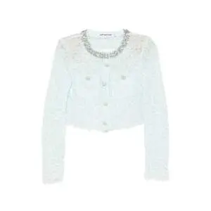 SELF-PORTRAIT Cropped Lace Jacket With Crystal Embellishment - Green