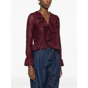SELF-PORTRAIT Burgundy Floral Lace Ruffled V-neck Blouse - Red