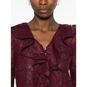 SELF-PORTRAIT Burgundy Floral Lace Ruffled V-neck Blouse - Red